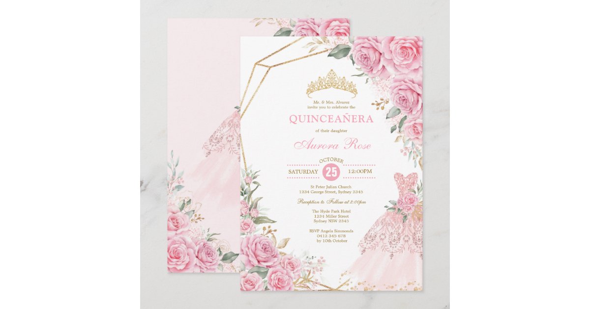 Quinceañera Baby Pink Floral Gold Crown Princess Invitation | Zazzle