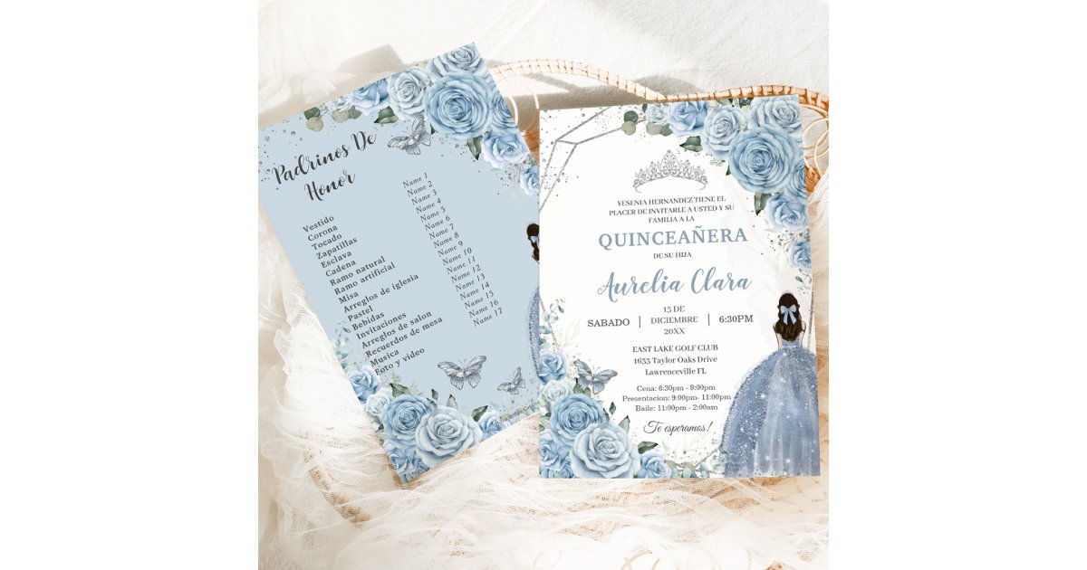Quinceañera Baby Soft Blue Floral 15 Años Padrinos Invitation | Zazzle