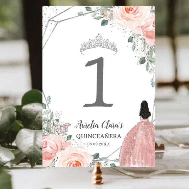 Quinceañera Birthday Blush Pink Floral Princess Table Number | Zazzle