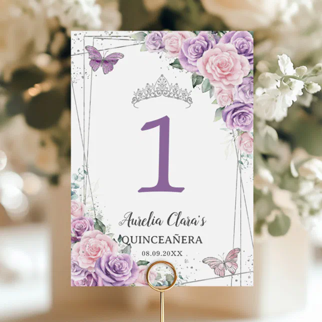 Quinceañera Birthday Purple Lilac Pale Pink Floral Table Number | Zazzle