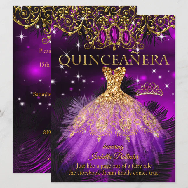 Quinceanera Birthday Purple Magenta Tiara Gold 2 Invitation | Zazzle