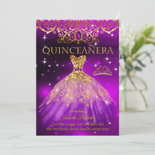 Quinceanera Birthday Purple Magenta Tiara Gold Invitation | Zazzle