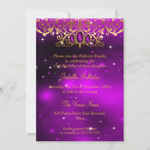 Quinceanera Birthday Purple Magenta Tiara Gold Invitation | Zazzle