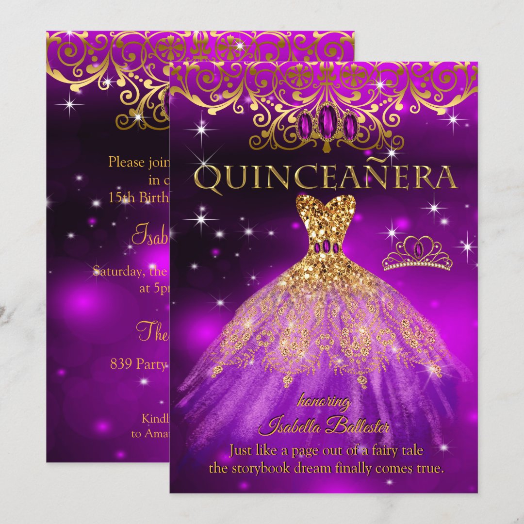 Quinceanera Birthday Purple Magenta Tiara Gold Invitation | Zazzle