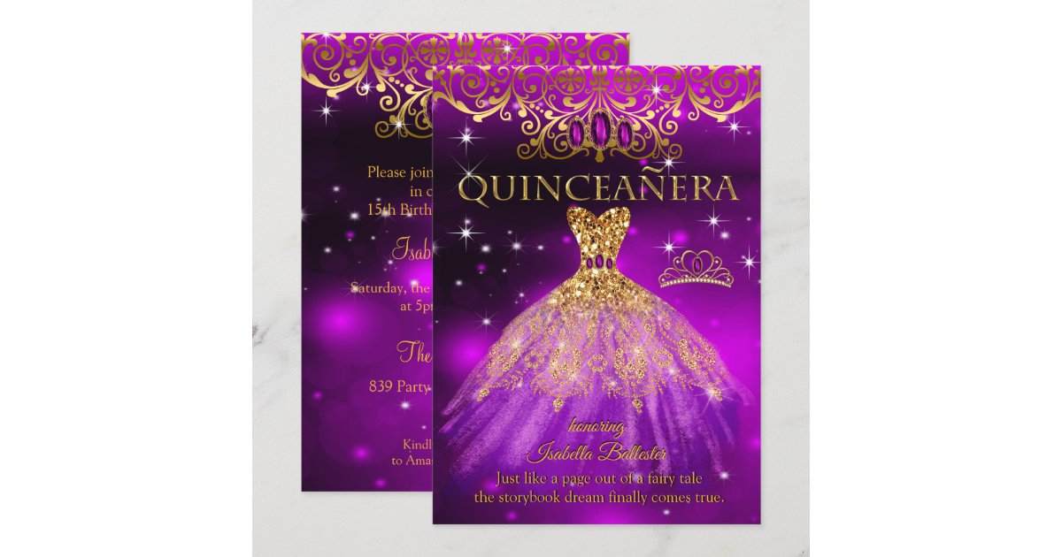 Quinceanera Birthday Purple Magenta Tiara Gold Invitation | Zazzle