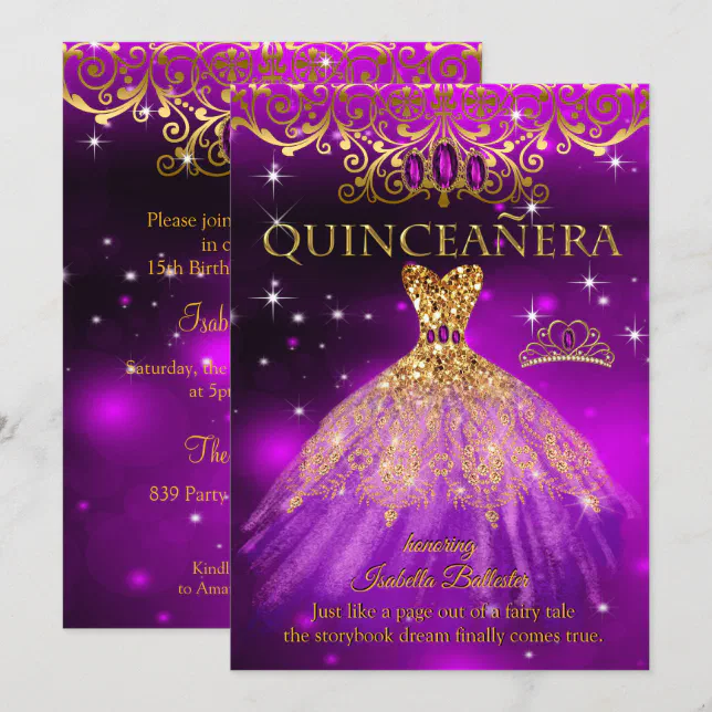 Quinceanera Birthday Purple Magenta Tiara Gold Invitation | Zazzle