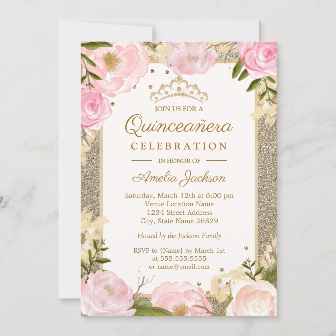Quinceanera Birthday Sparkle Pink Gold Floral card | Zazzle