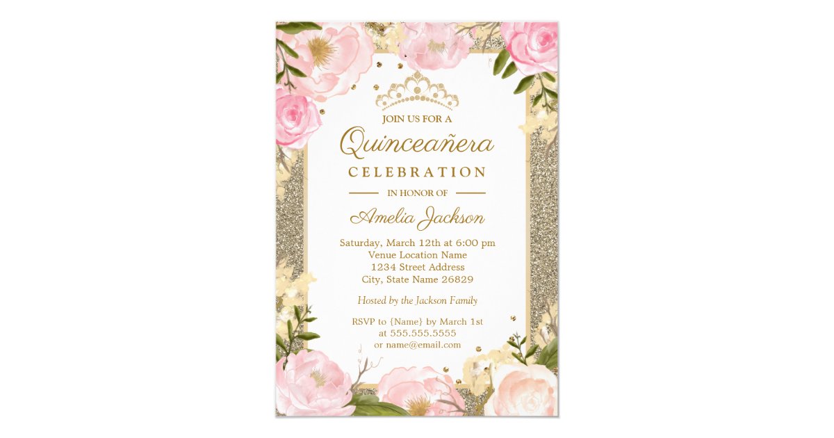 Quinceanera Birthday Sparkle Pink Gold Floral card | Zazzle.com
