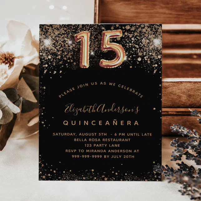 Quinceanera black gold glitter budget invitation flyer | Zazzle