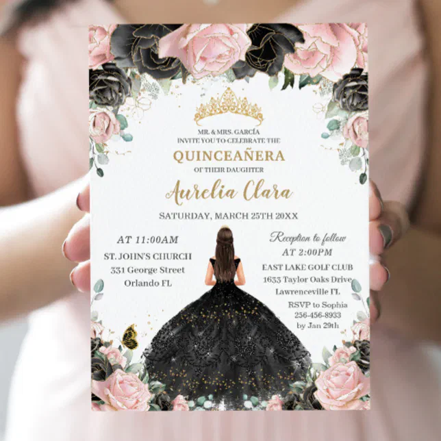 Quinceañera Black Pink Roses Floral Princess Dress Invitation | Zazzle