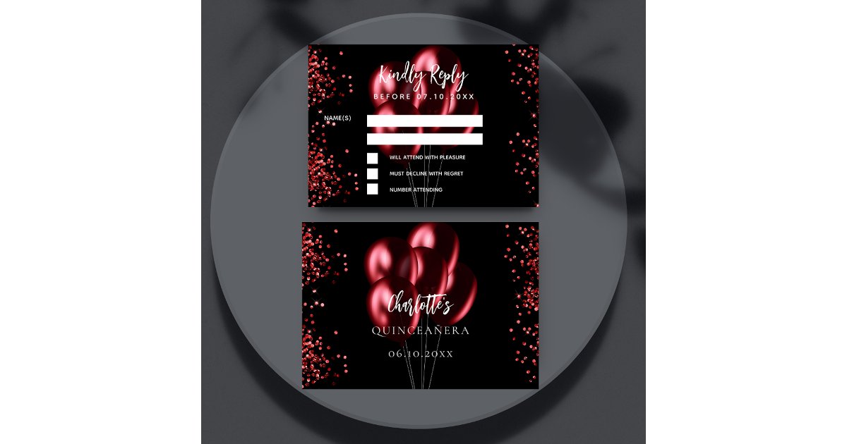 Quinceanera black red balloons response RSVP card | Zazzle