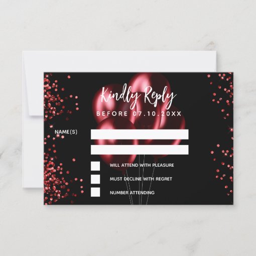 Quinceanera black red balloons response RSVP card | Zazzle