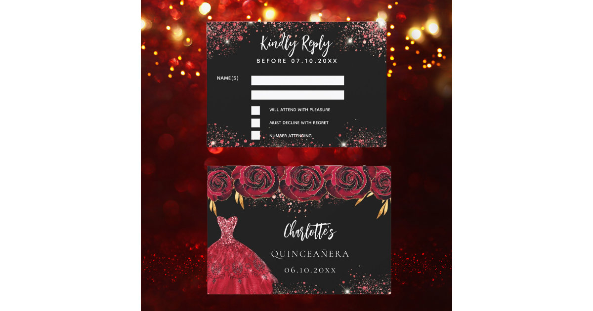 Quinceanera black red dress response RSVP card | Zazzle