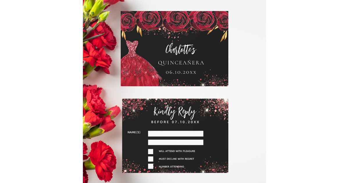 Quinceanera black red dress response RSVP card | Zazzle