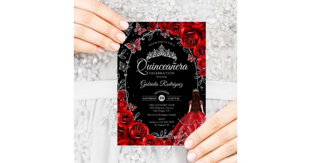 Quinceanera Black Red Silver Invitation | Zazzle