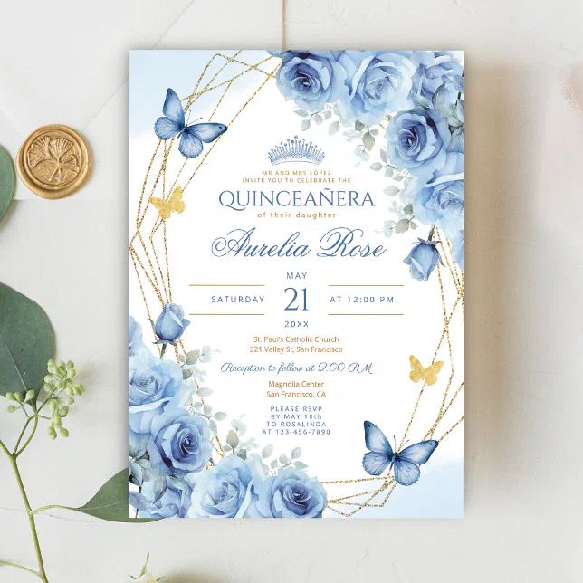 Quinceañera Blue Floral Gold Frame Butterfly Crown Invitation | Zazzle
