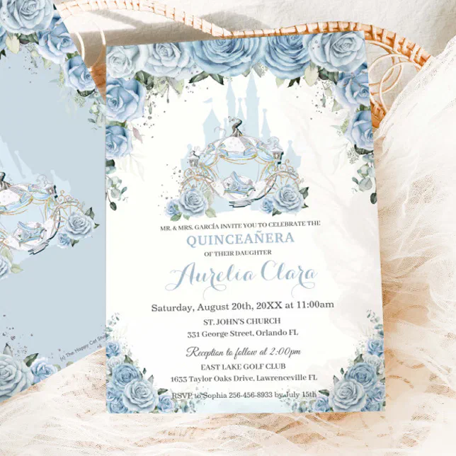 Quinceañera Blue Floral Princess Castle Carriage Invitation | Zazzle