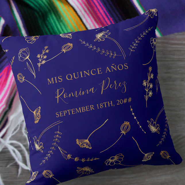 Quinceanera Blue Gold Wildflower Mis Quince Anos Throw Pillow | Zazzle