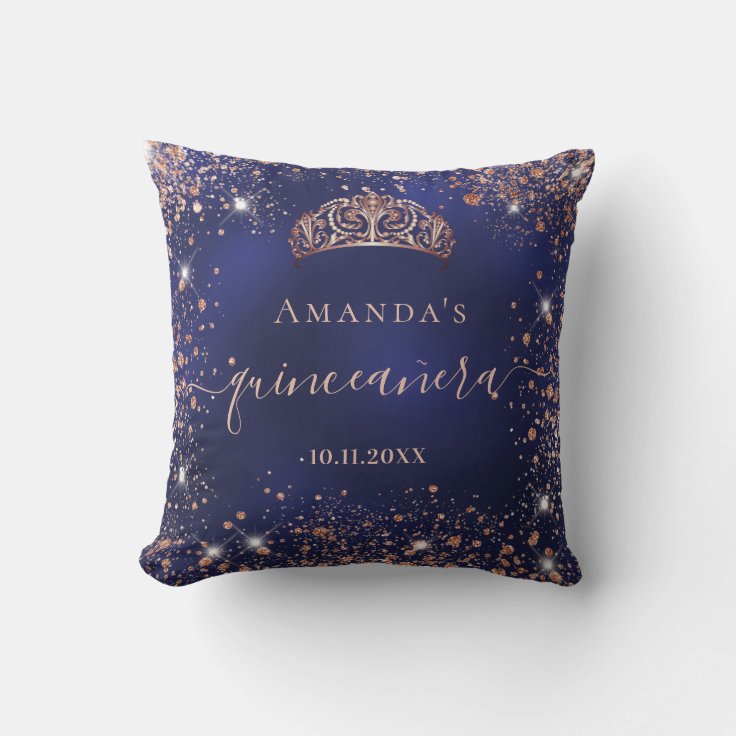 Quinceanera blue rose gold tiara name script throw pillow | Zazzle