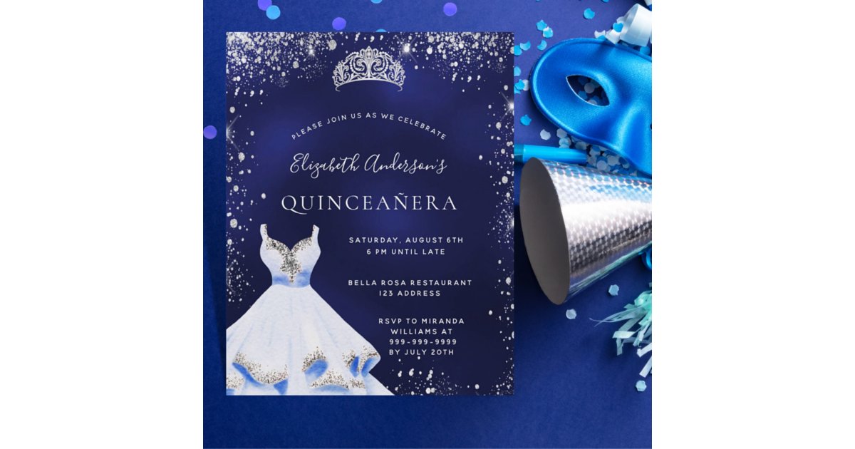 Quinceanera blue silver dress tiara invitation | Zazzle