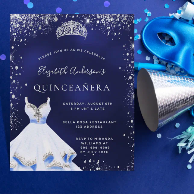 Quinceanera blue silver dress tiara invitation | Zazzle
