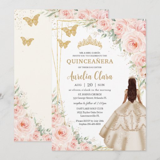 Quinceanera Blush Floral Champagne Dress Gown Invitation | Zazzle