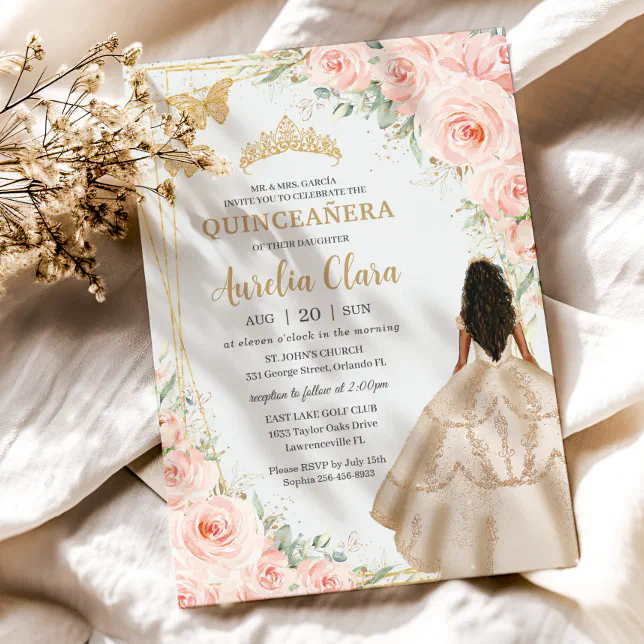 Quinceanera Blush Floral Princess Champagne Dress Invitation | Zazzle