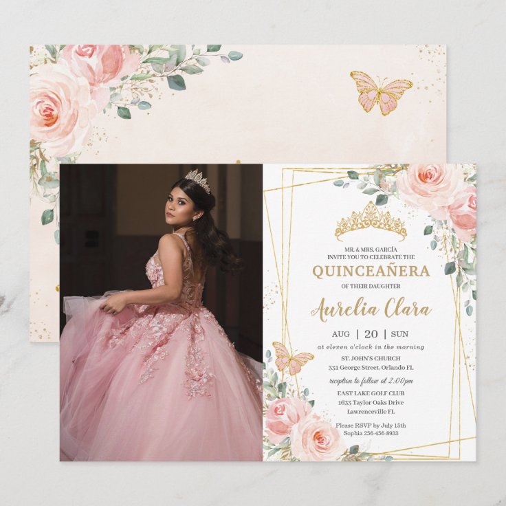 Quinceañera Blush Pink Floral Butterflies Photo Invitation | Zazzle