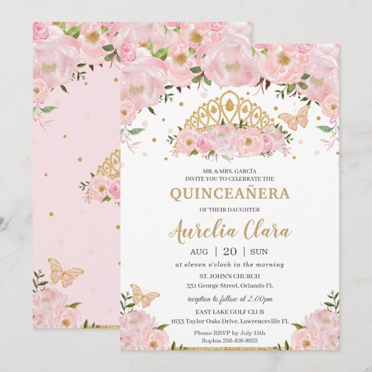 Quinceañera Blush Pink Floral Butterflies Tiara Invitation | Zazzle