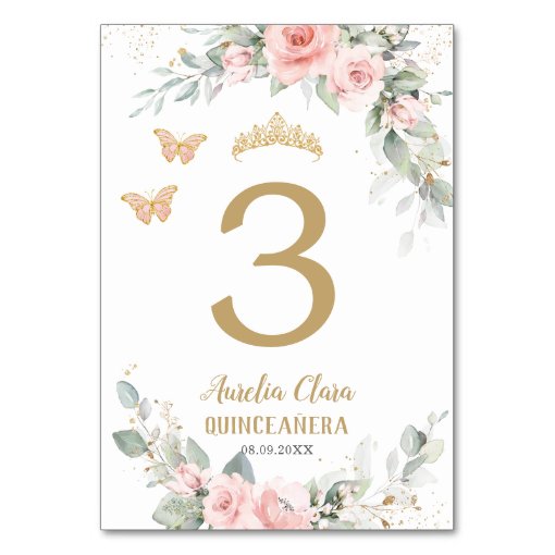 Quinceañera Blush Pink Floral Gold Butterflies Table Number | Zazzle