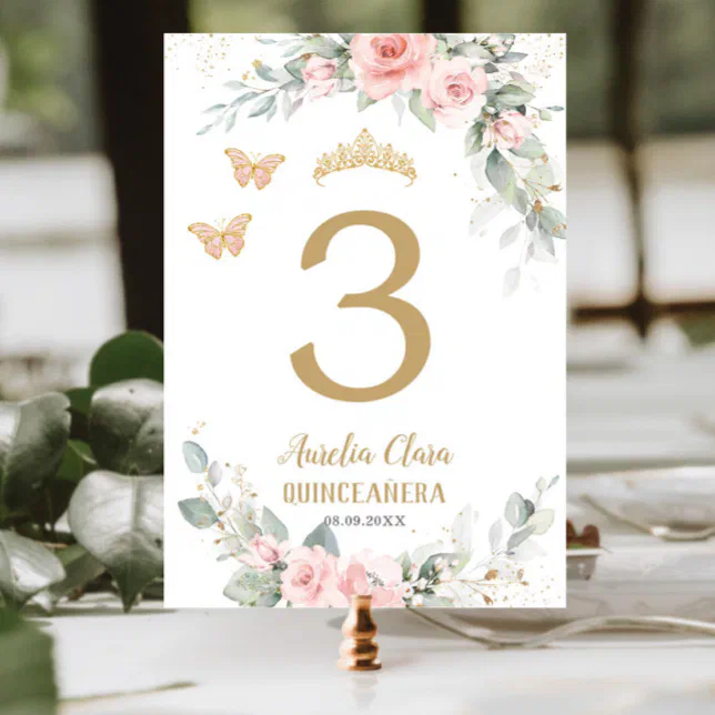 Quinceañera Blush Pink Floral Gold Butterflies Table Number | Zazzle