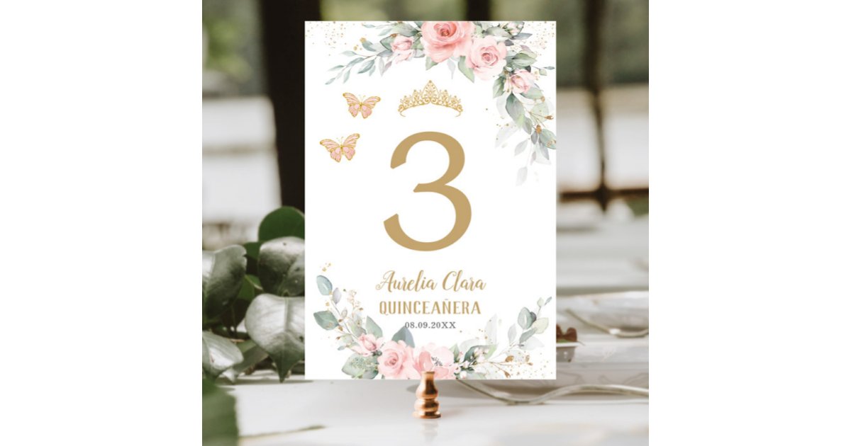 Quinceañera Blush Pink Floral Gold Butterflies Table Number | Zazzle