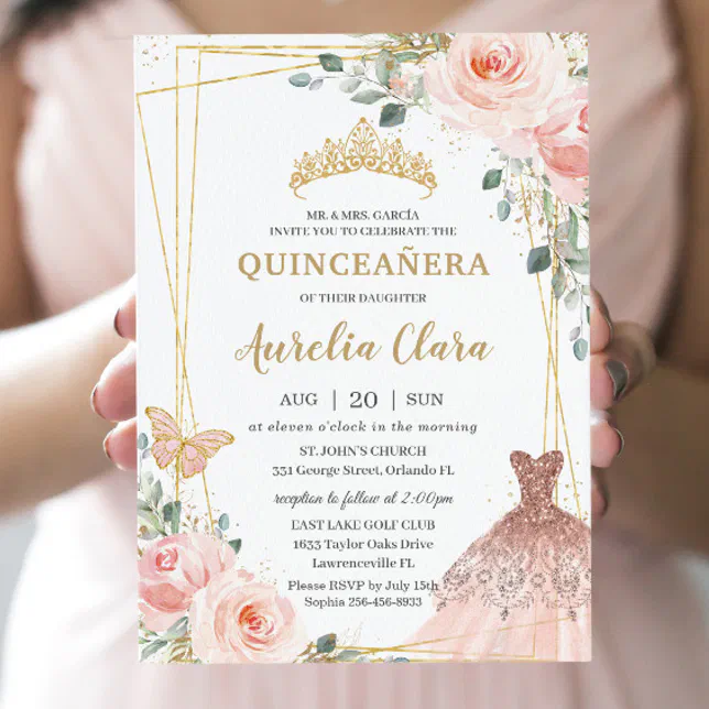 Quinceañera Blush Pink Floral Princess Gown Tiara Invitation | Zazzle