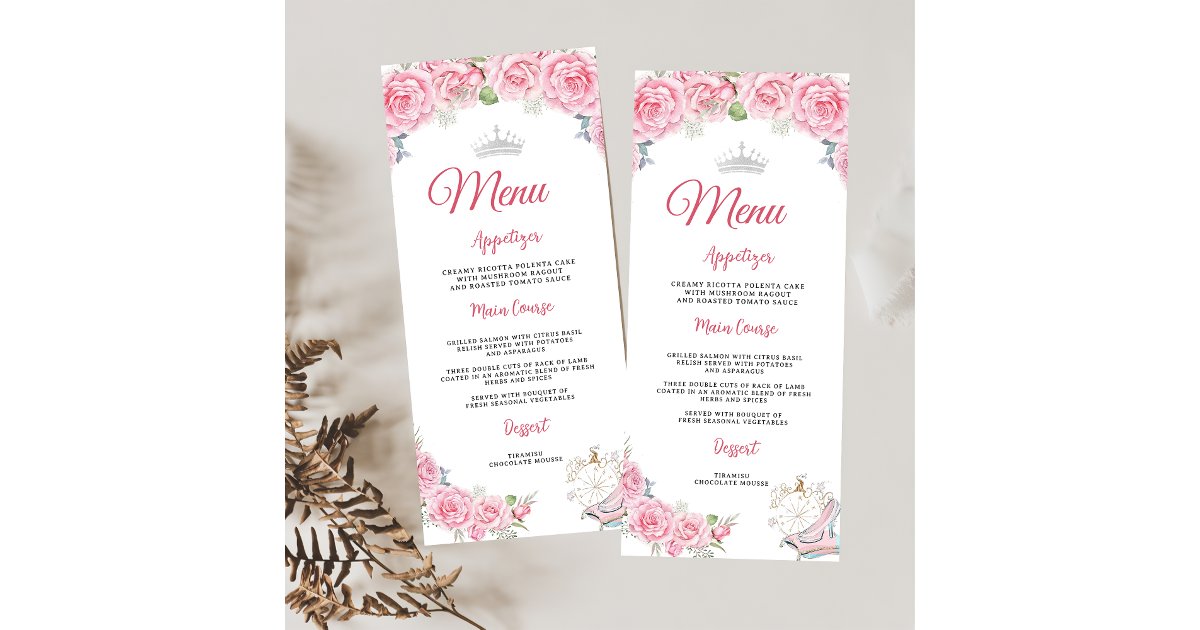 Quinceanera Blush Pink Floral Silver Crown Menu | Zazzle