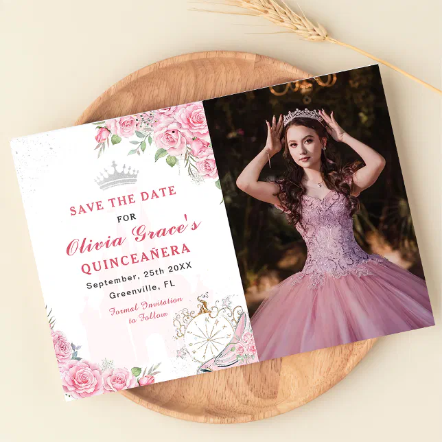 Quinceanera Blush Pink Floral Silver Crown Photo Save The Date | Zazzle