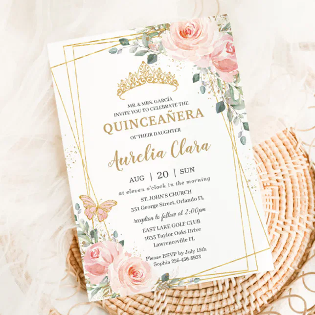 Quinceañera Blush Pink Rose Floral Butterfly Tiara Invitation | Zazzle