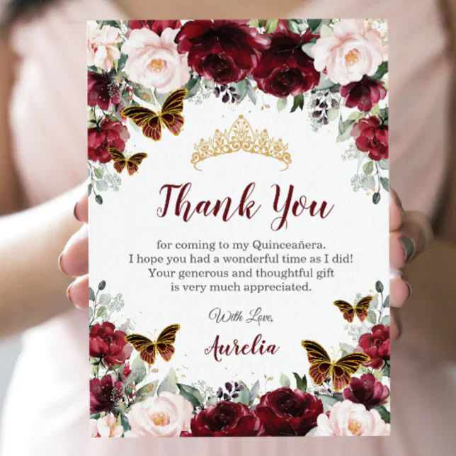 Quinceañera Burgundy Blush Floral Butterflies Thank You Card | Zazzle