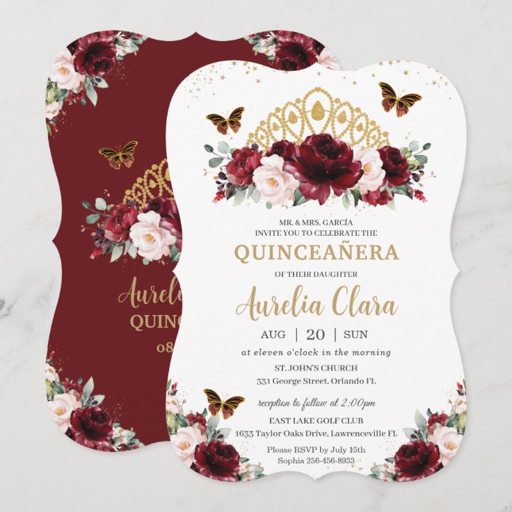 Quinceañera Burgundy Blush Floral Gold Crown Invitation | Zazzle