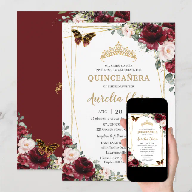Quinceañera Burgundy Blush Floral Princess Tiara Invitation | Zazzle