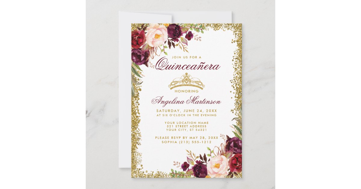Quinceanera Burgundy Floral Gold Crown Invite | Zazzle