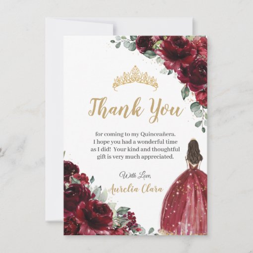 Quinceañera Burgundy Floral Gold Princess Dress Thank You Card | Zazzle