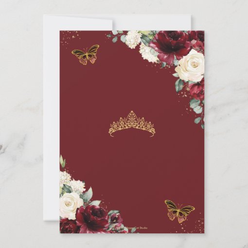 Quinceañera Burgundy Ivory Floral Butterflies Mask Invitation | Zazzle