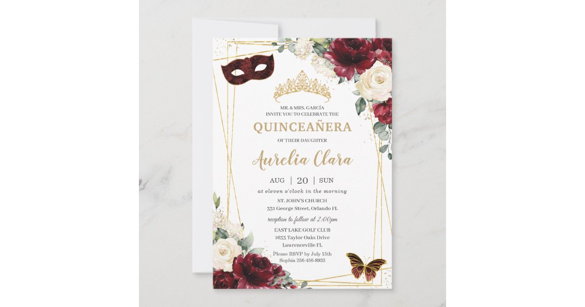 Quinceañera Burgundy Ivory Floral Butterflies Mask Invitation | Zazzle