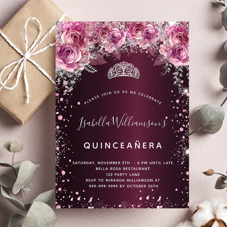 Quinceanera burgundy pink glitter floral tiara invitation | Zazzle
