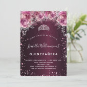 Quinceanera burgundy pink glitter floral tiara invitation | Zazzle