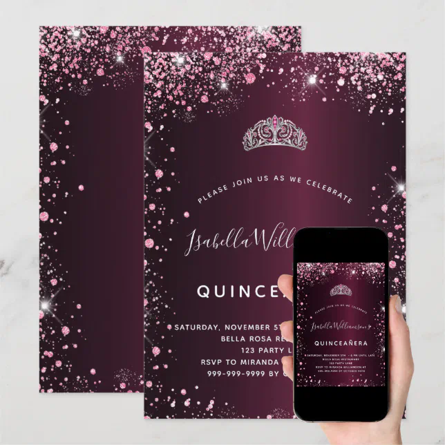 Quinceanera burgundy pink tiara glitter invitation | Zazzle