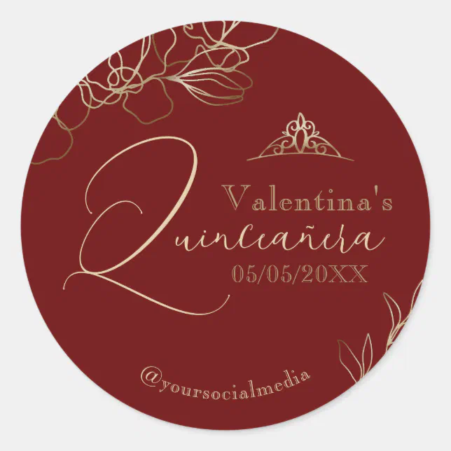 Quinceañera Burgundy Red Floral Classic Round Sticker | Zazzle