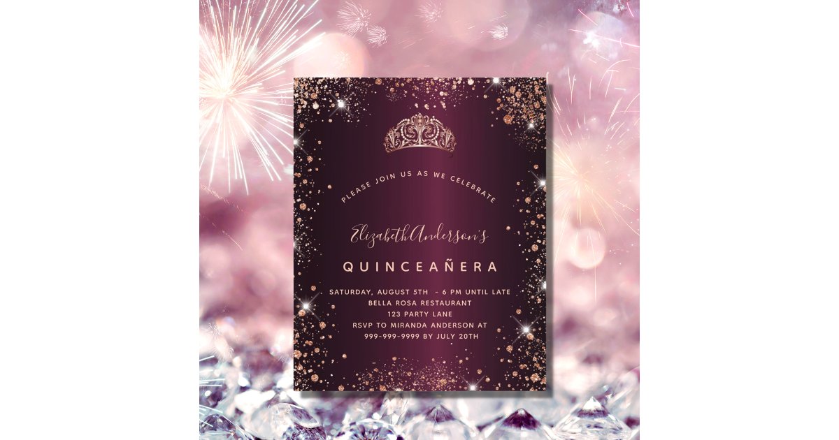 Quinceanera burgundy rose gold tiara invitation flyer | Zazzle