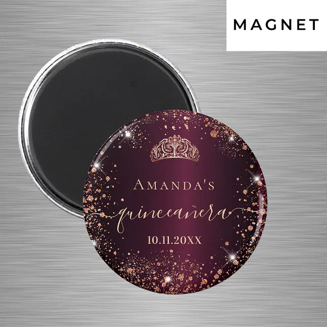 Quinceanera burgundy rose gold tiara name script magnet | Zazzle