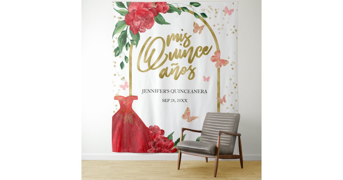 Quinceanera Butterflys Red Gown Backdrop | Zazzle